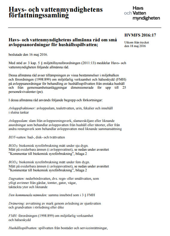 Små avloppsanordningar för hushållsspillvatten (HVMFS 2016:17) - Föreskrifter - Vägledning ...