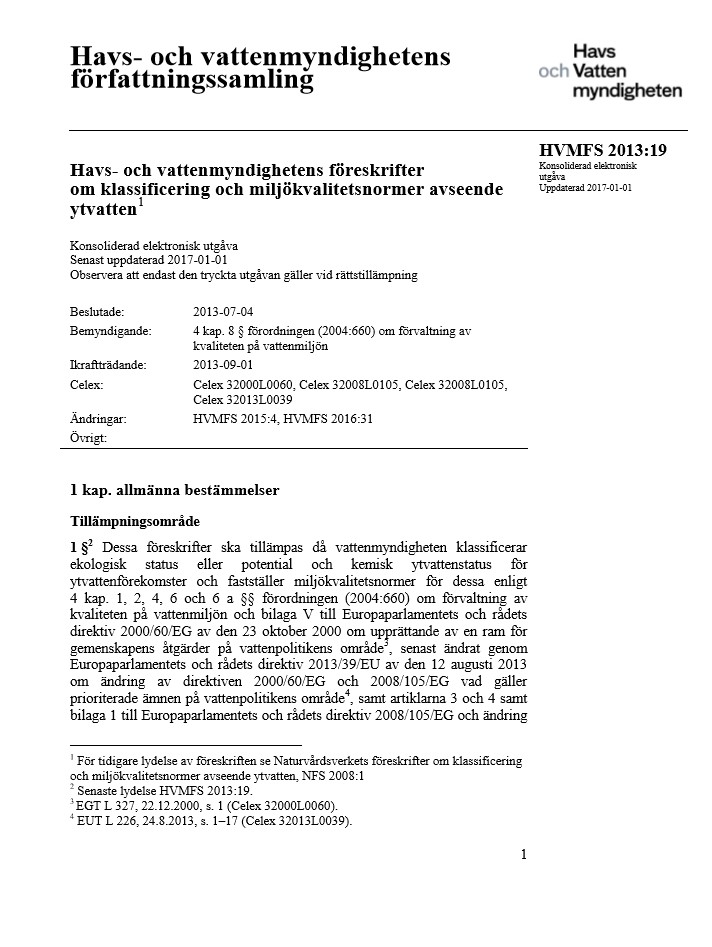 Klassificering och miljökvalitetsnormer avseende ytvatten (HVMFS 2019:25) - Föreskrifter ...